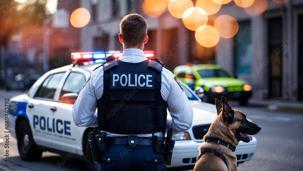 Policeman wearing police vest is standing with his dog on the street ...