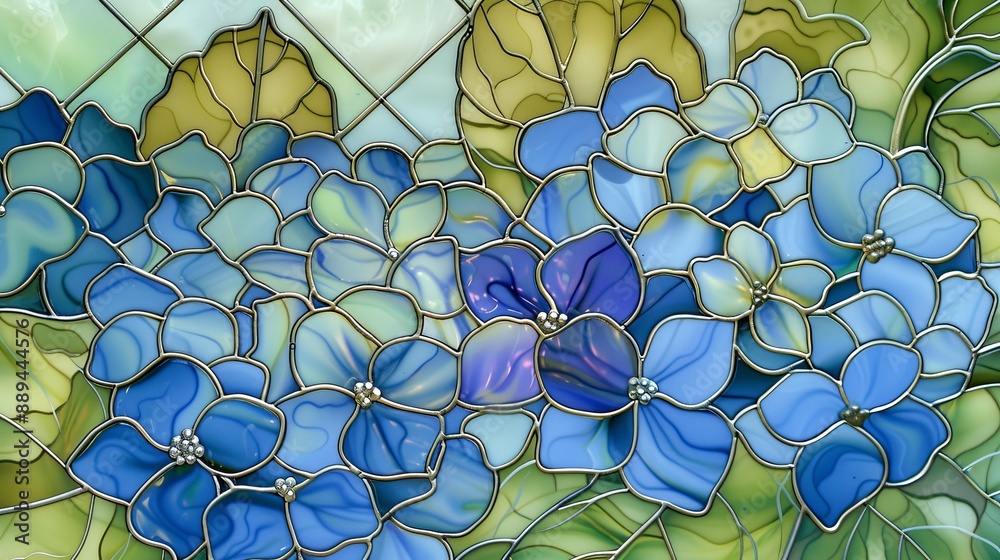 Background wallpaper with blue hydrangeas in stained glass frames Stock ...