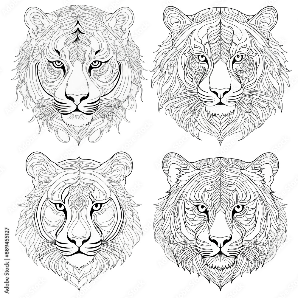 Tiger Coloring Page Clipart Set on Transparent Background Stock ...
