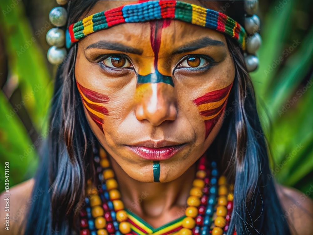 Vibrant colors adorn her face as a proud, stern-looking indigenous ...