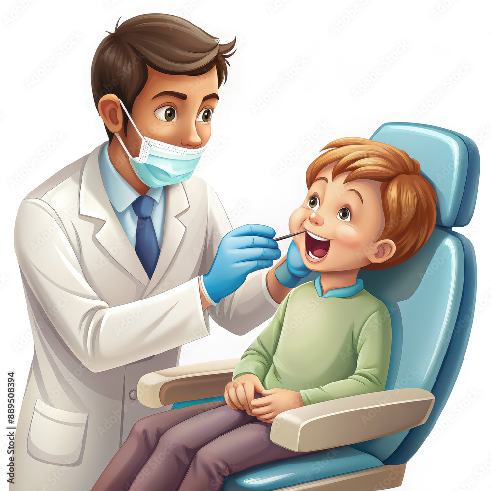 doctor dentist treats teeth to a patient, child, boy, dental chair ...