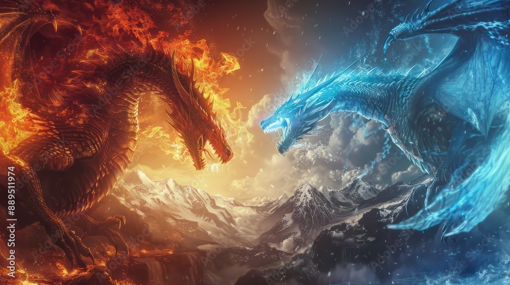 Epic illustration of two dragons, one of fire and one of ice, facing ...