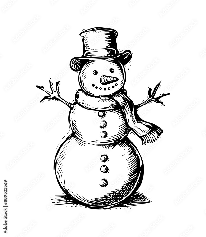 snowman engraving black and white outline Stock Vector | Adobe Stock