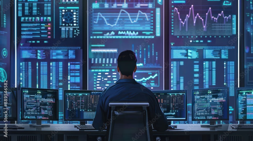 A man works as an operator specialist in a computer data center in ...