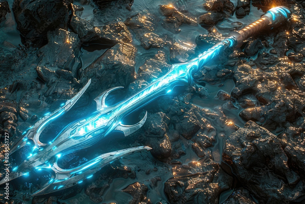 Futuristic trident, sleek metallic design, glowing blue edges, dark ...