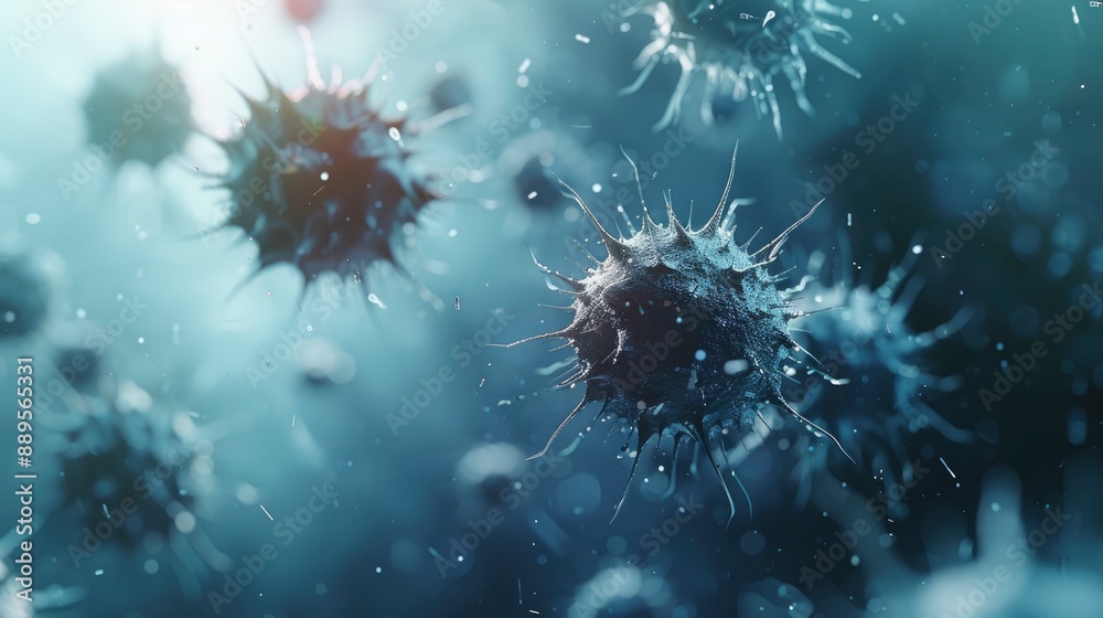 A digital rendering of multiple virus particles floating in a fluid ...