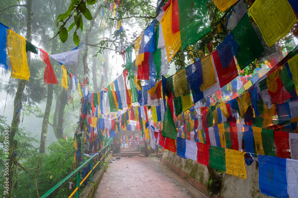 Darjeeling,West Bengal,India-11.08.2023: Flags on stair cases in forest ...