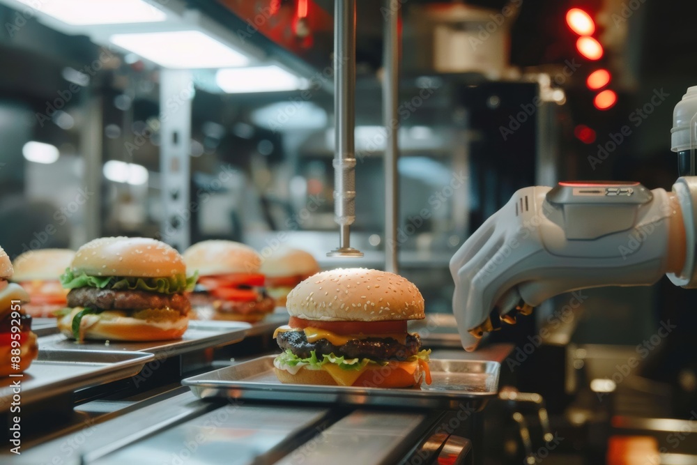 AI burger production line showcasing new taste technology, futuristic ...
