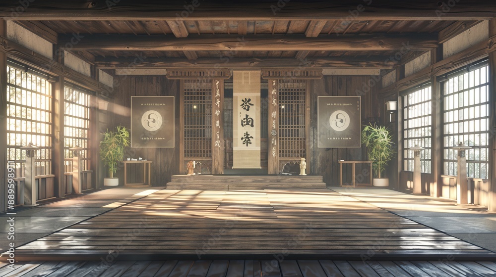 A traditional Japanese dojo featuring an elevated platform, Yin Yang ...