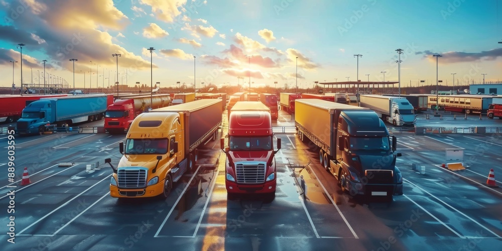 Aerial View of Semi Trucks Parked at Highway Rest Area, Featuring a ...