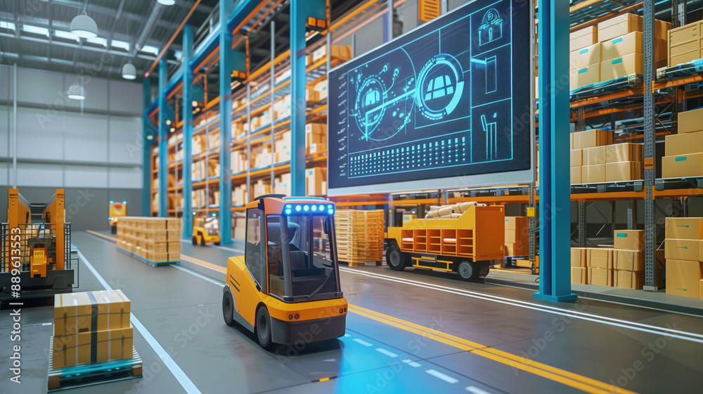 Foto de Stock Automated forklift transporting goods in modern warehouse ...