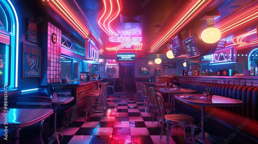 An interior view of a retro diner featuring bright neon lights and a ...
