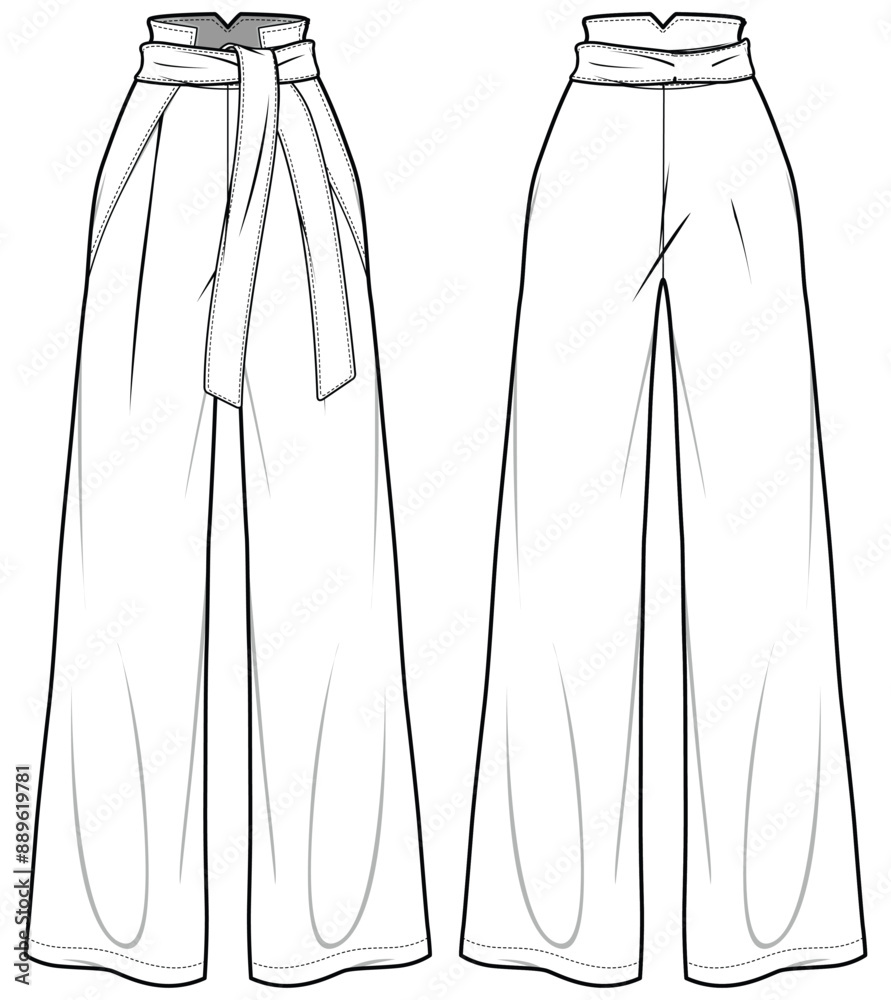 Women's belted wide leg flare pants trouser flat sketch fashion ...