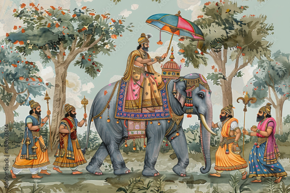 Mughal emperor riding an adorned elephant in a procession, painted on a ...