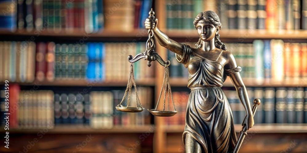 Lady Justice with Scales of Justice in Front of a Bookshelf, Statue ...