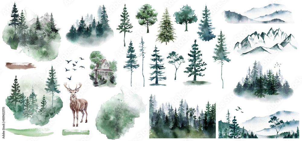 Green forest and mountains watercolor illustration. Evergreen tree ...