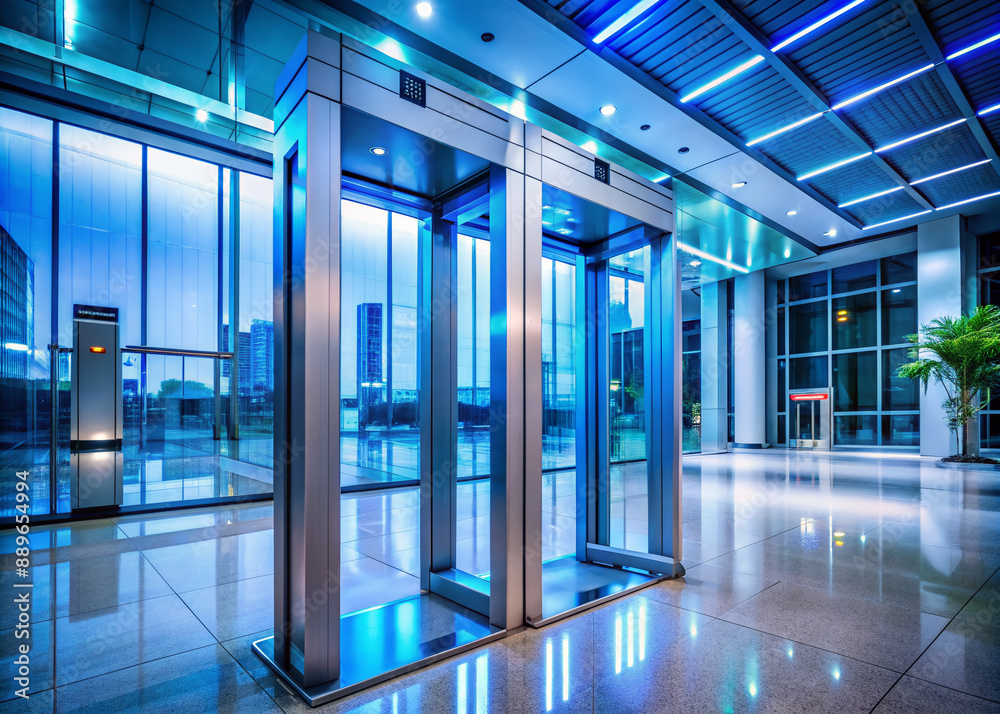 Modern metal detector frame stands alone in a sleek, futuristic ...