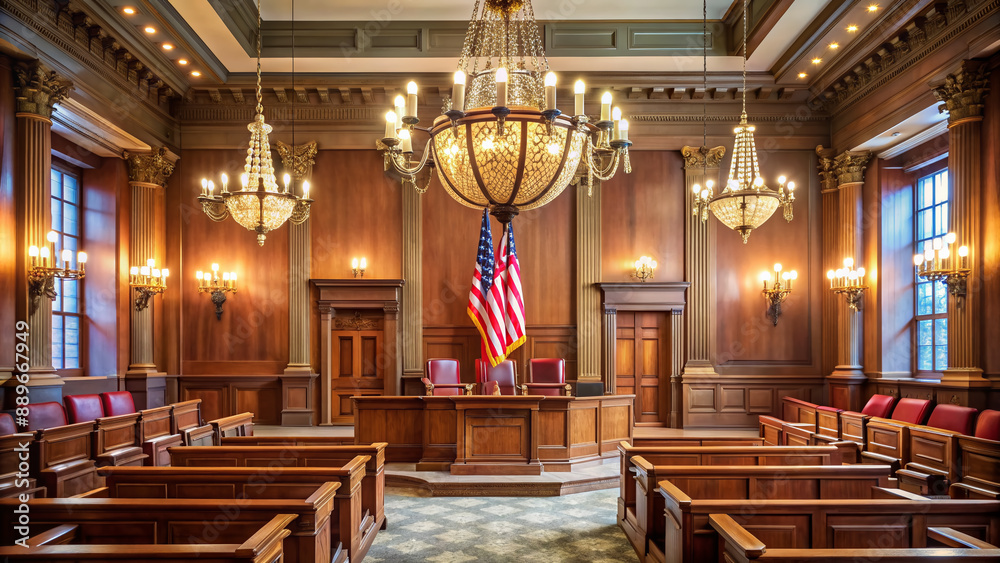 Empty American courtroom with wooden chairs, stars and stripes flag ...