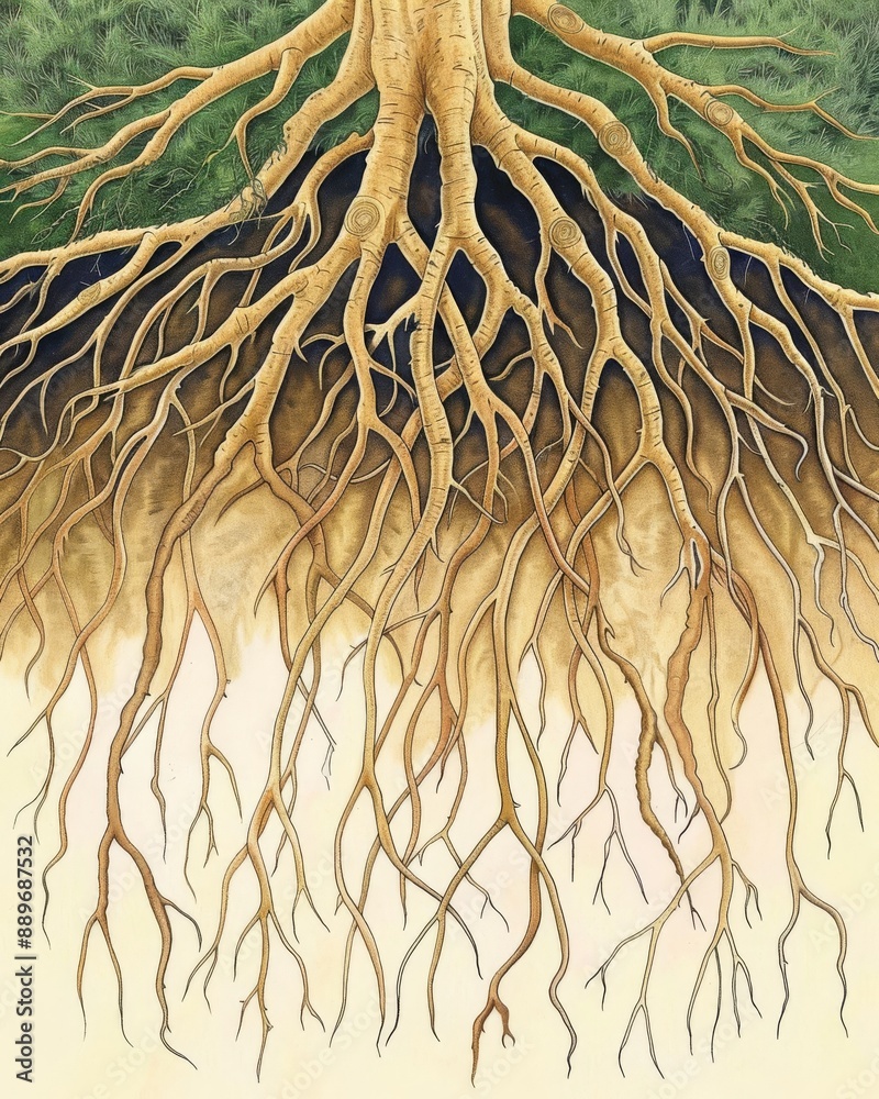 Detailed illustration of intricate tree roots system showing ...