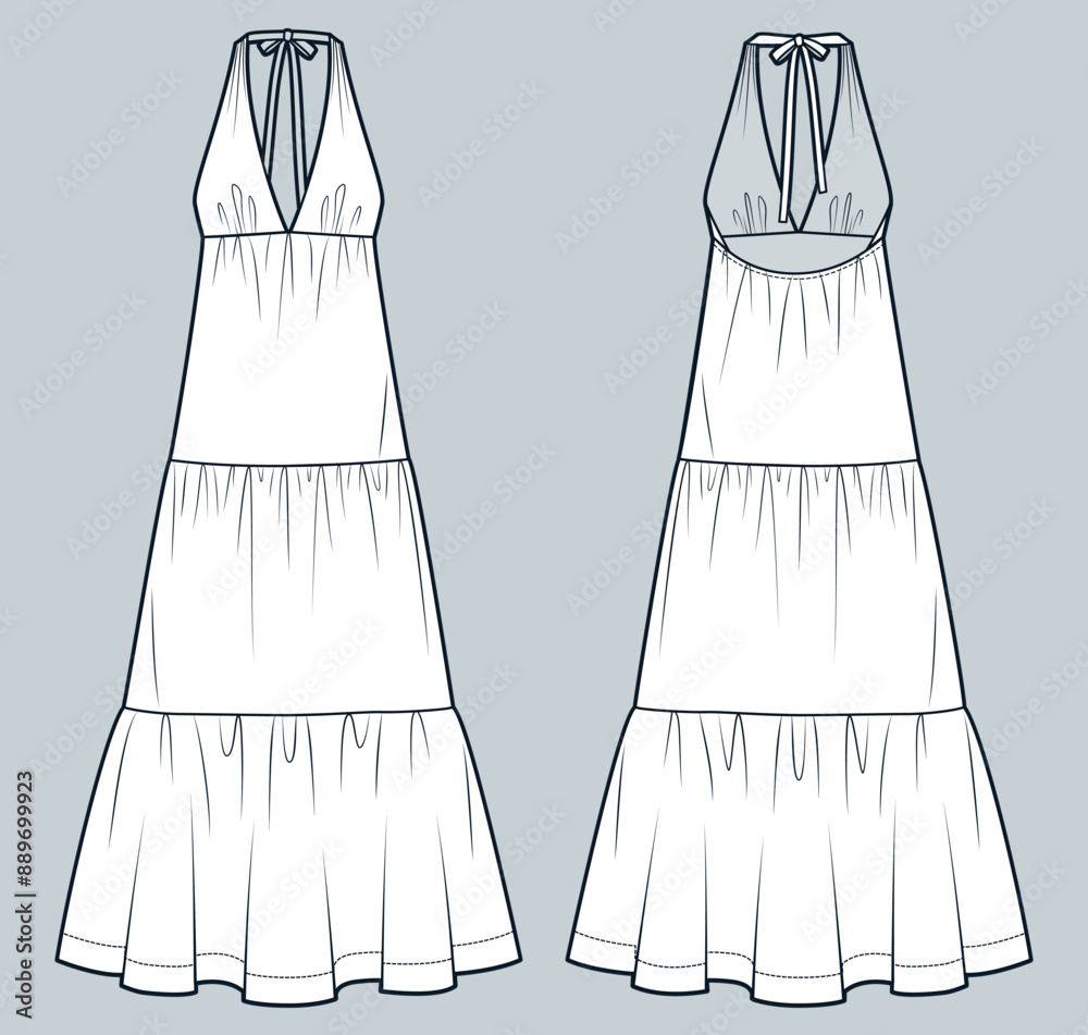 Halter Dress technical fashion illustration. Tiered Maxi Dress fashion ...