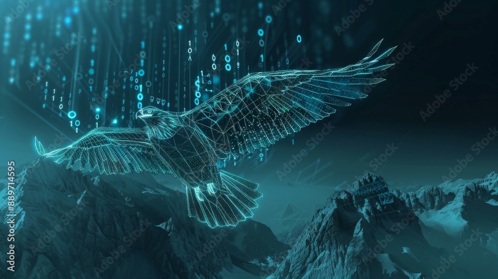 A digital eagle, formed of glowing lines and data, soars above snowy mountains. The eagle's ...