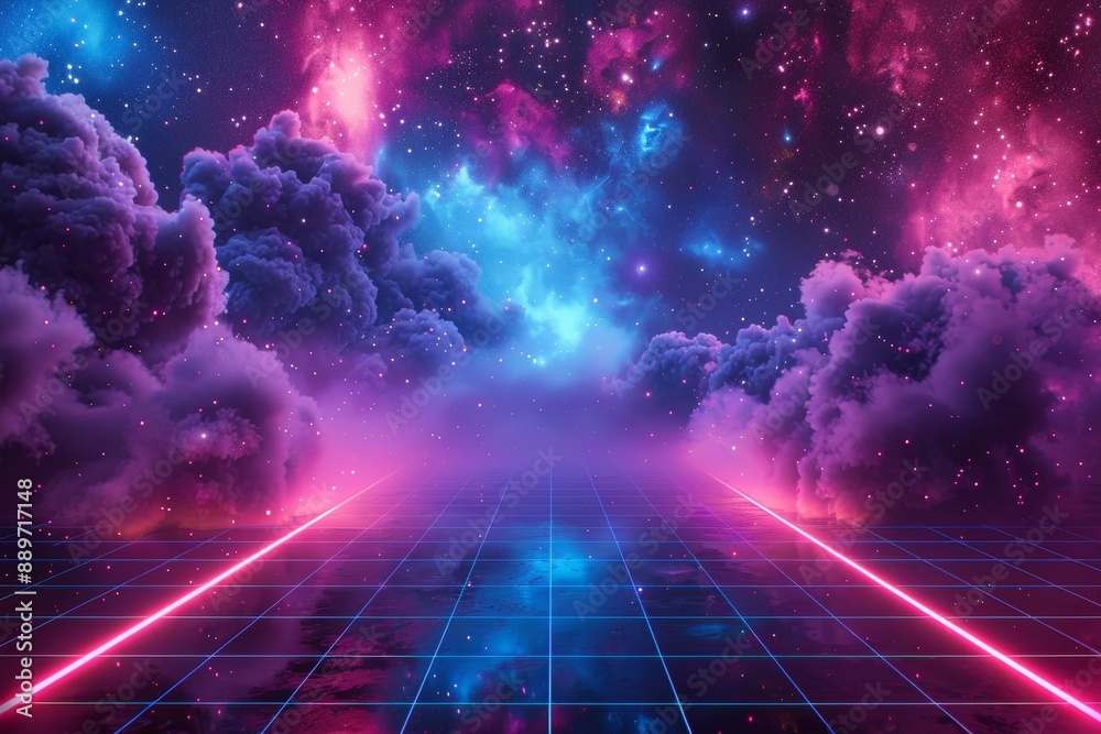 Synthwave vaporwave retrowave cyber background with copy space, laser grid, starry sky, blue and ...
