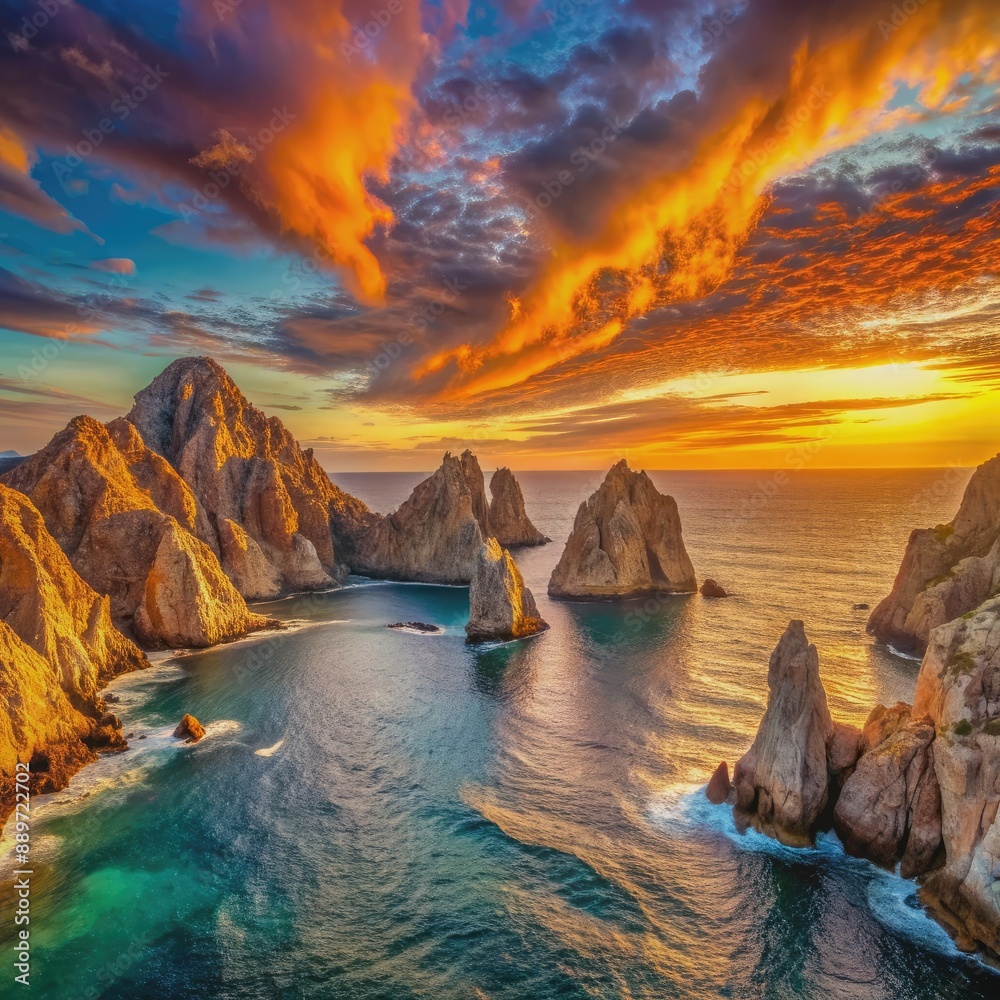 Vibrant orange sunset illuminates rugged rocky formations, iconic ...