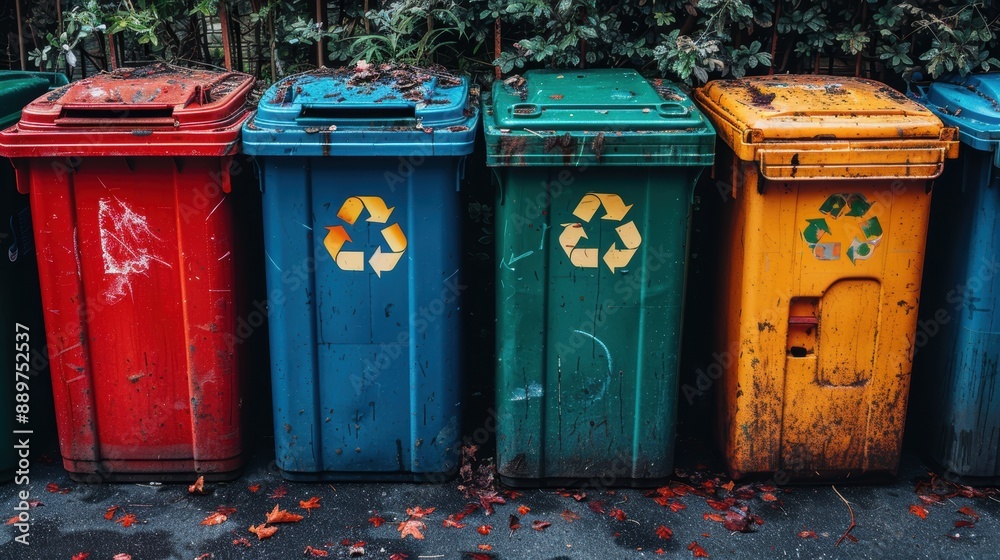 Colorful recycling bins for waste separation including red, blue, green ...