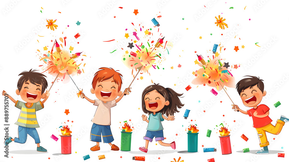 Group of children playing with firecrackers, Diwali, festive ...