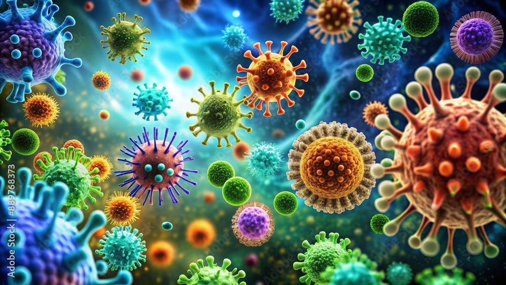 An image of a diverse collection of bacteria and viruses under a ...