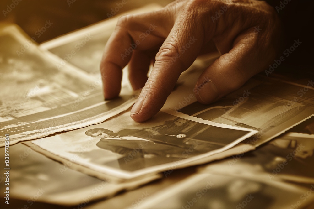 Elderly hand touching old photographs, evoking nostalgia and memories ...
