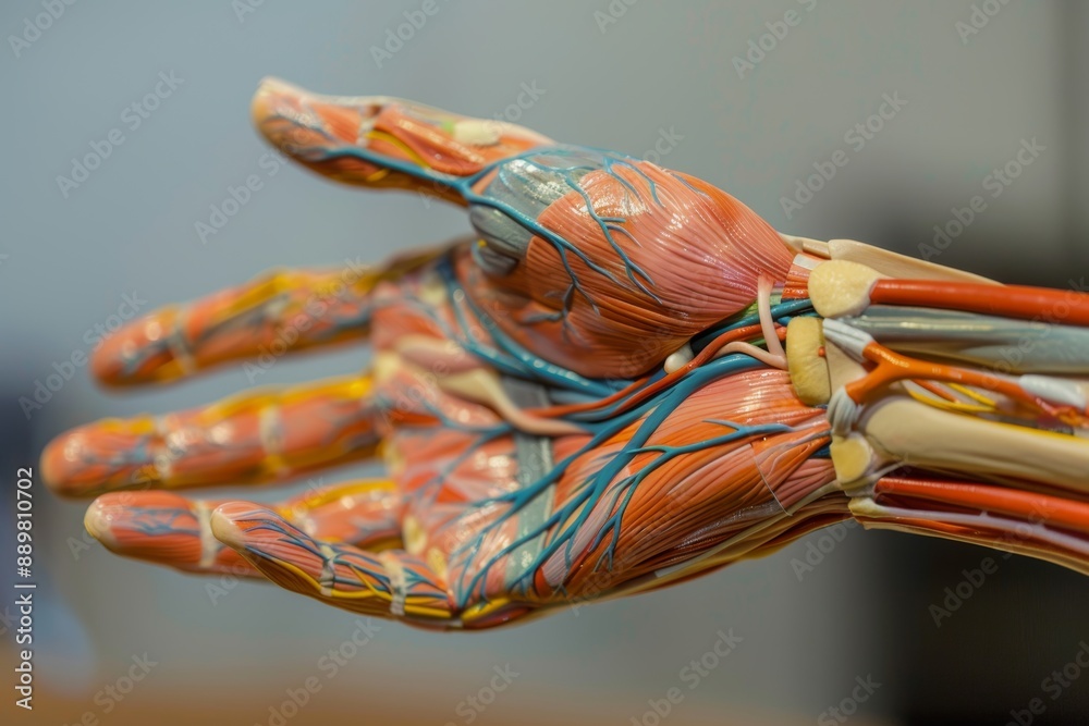Detailed medical hand model showing anatomy of vessels, tendons ...