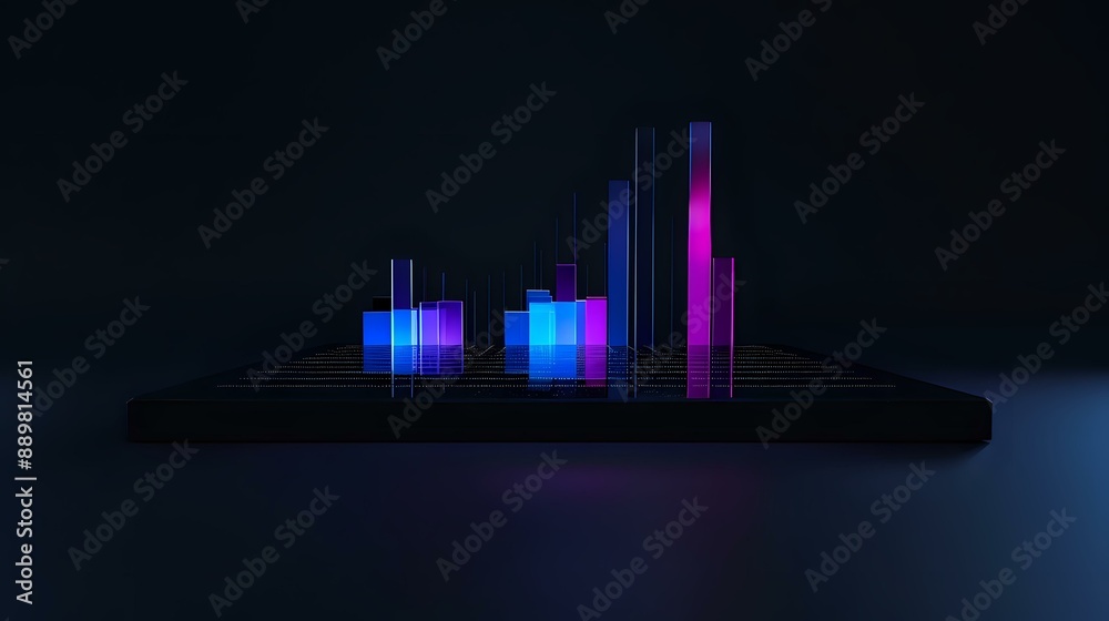 Abstract digital chart with pink and blue bars on a dark background ...