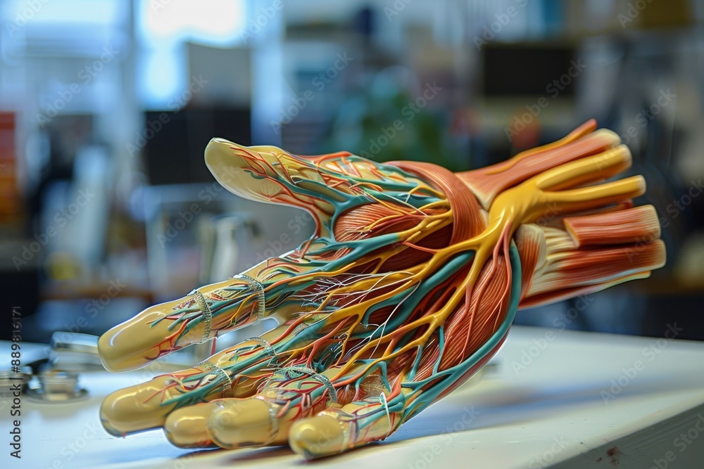 Detailed medical hand model showing anatomy of vessels, tendons ...