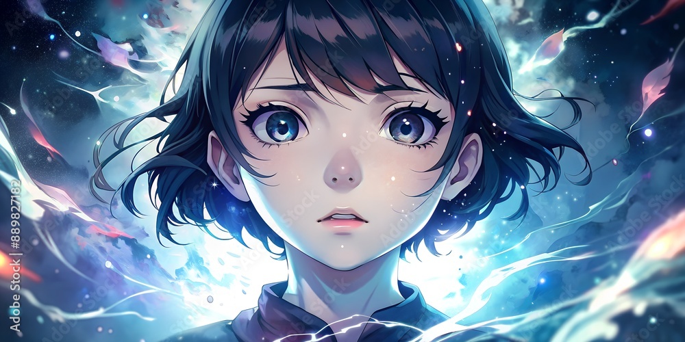 Anime girl Portrait of a face with energies, streams of blue energy of ...