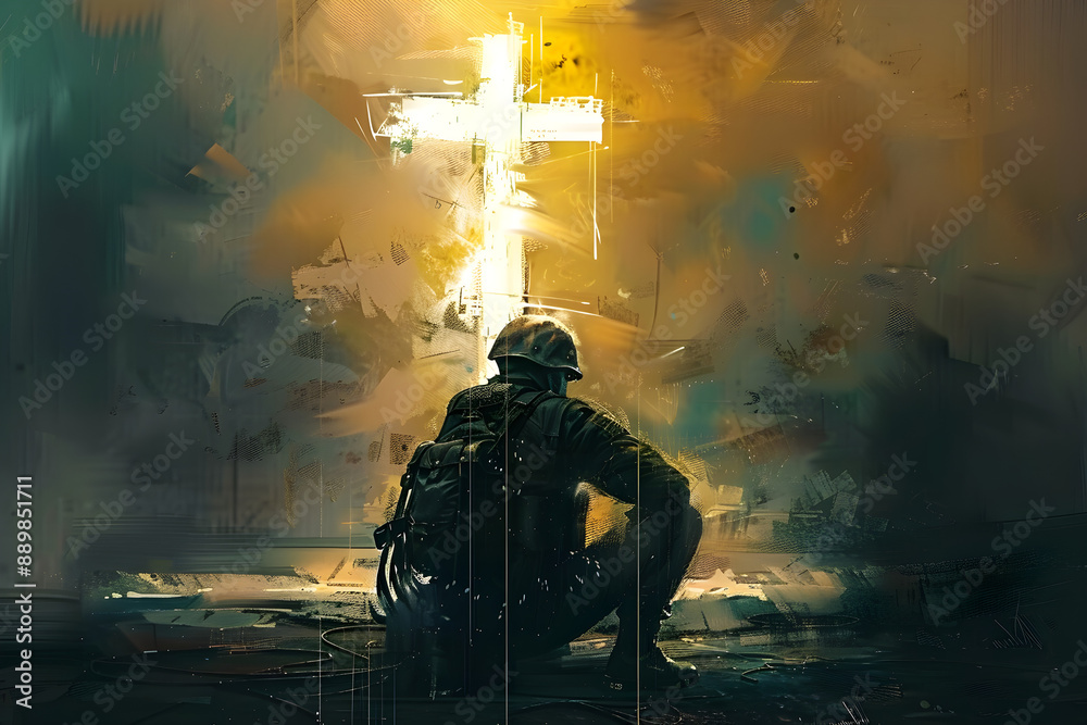 Christian soldier kneeling in prayer before a radiant cross, conveying ...