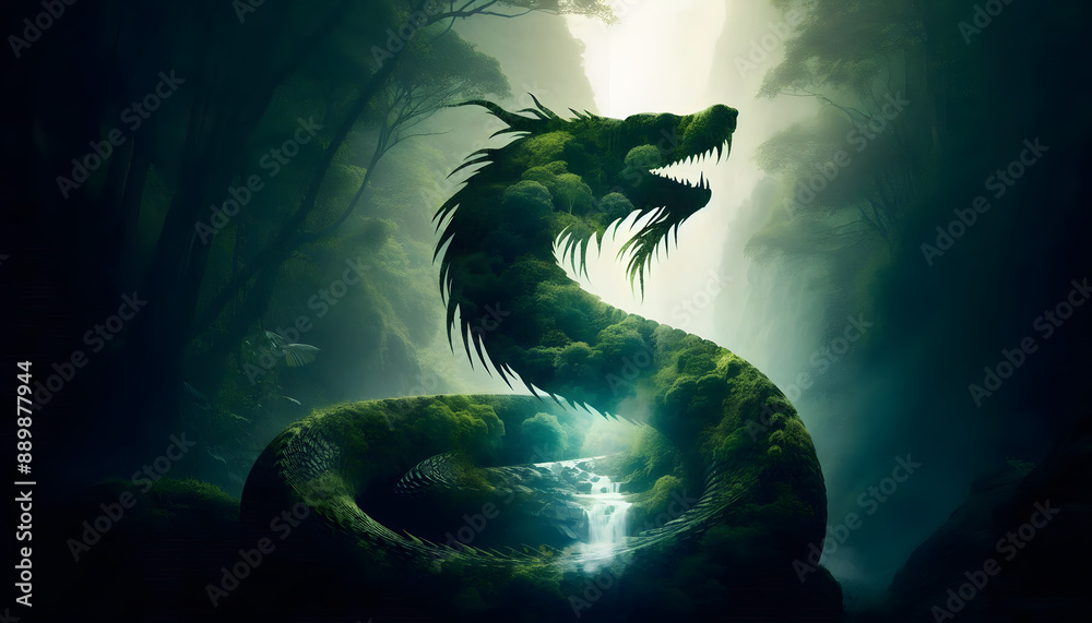 green dragon in the night. Naga coiled protectively around a sacred ...