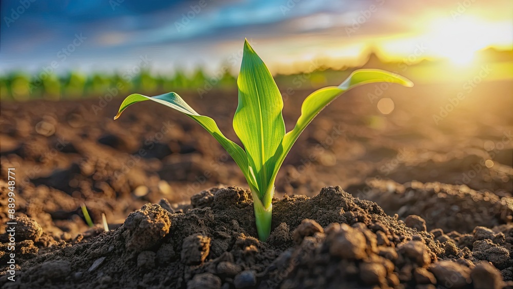 Fresh green corn sprout emerges from soil, tender leaves unfurling ...