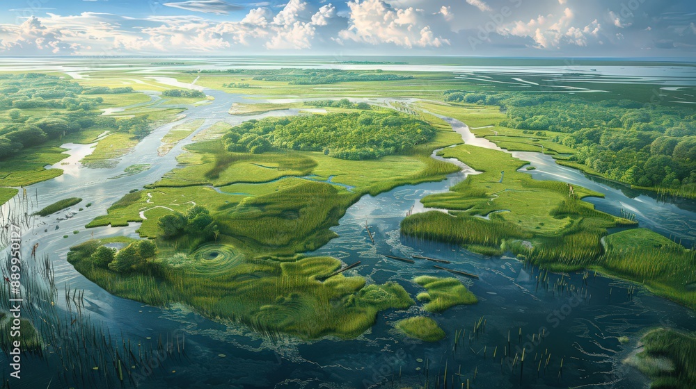 Illustrate an aerial perspective of coastal wetlands, with salt marshes ...