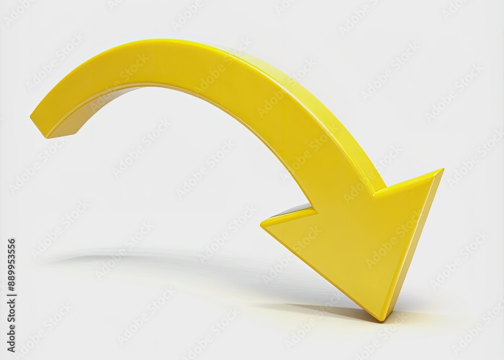 Vibrant yellow curved arrow icon illustration pointing down in a ...