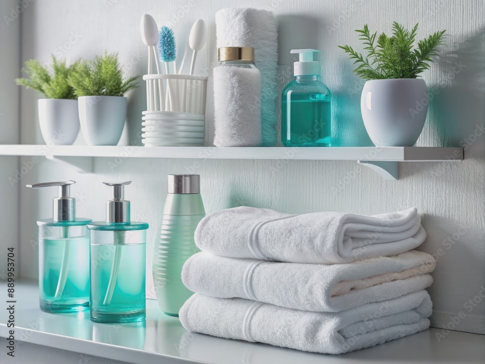 Cleanliness essentials on a bathroom shelf: fresh white towels, dental ...