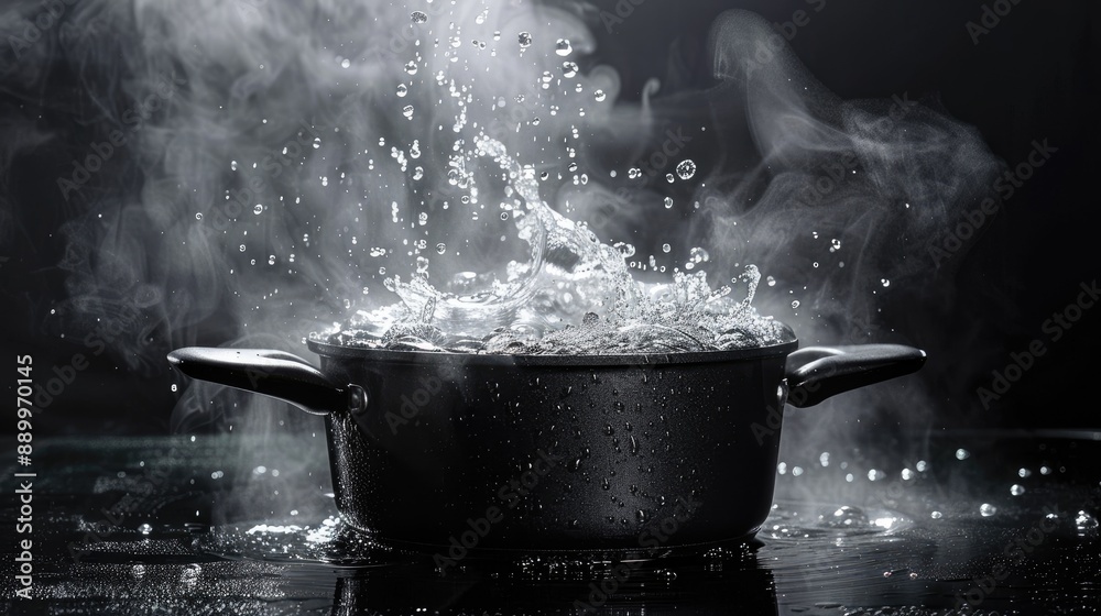 Boiling water in a pot with steam. This photo illustrates the process ...