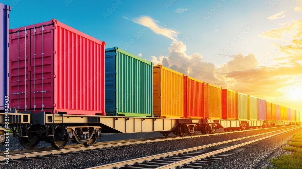 Colorful shipping containers near train tracks in a railway yard, under ...