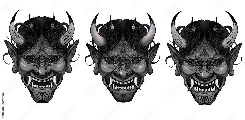 Oni Mask 2D Digital drawing detailed Japan demon face painting with ...