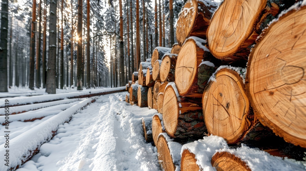 Large stack of cut timber logs in a snowy forest, creating a contrast ...