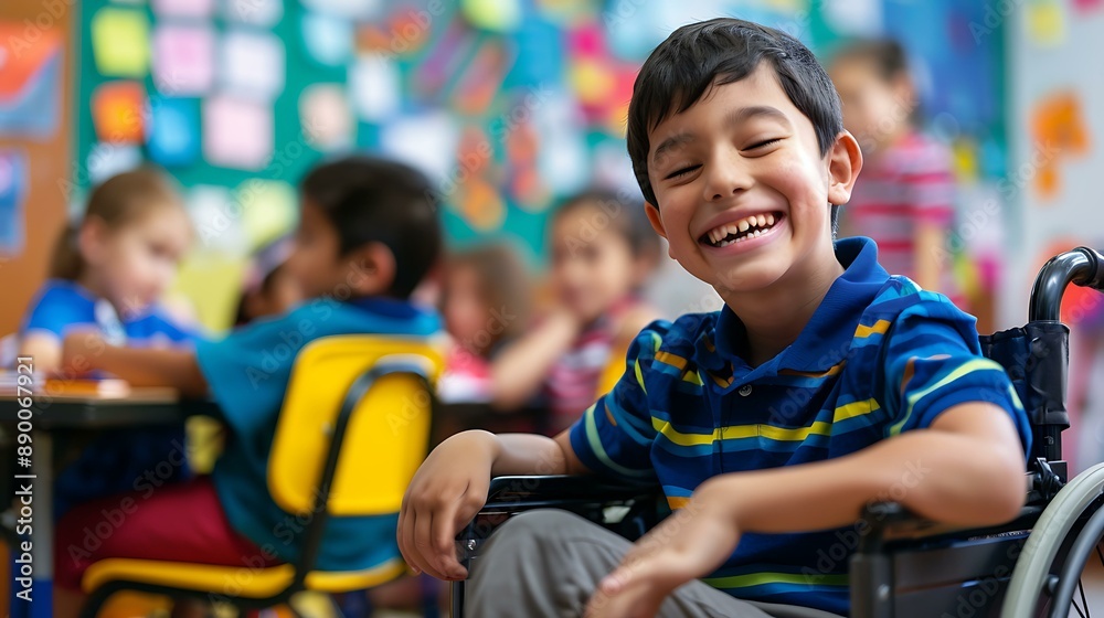 Handicapped child in a wheelchair enjoys learning with healthy ...