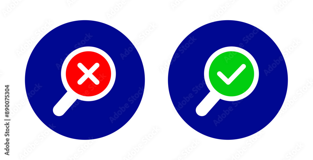 round magnifying glass icon with green check mark and red cross mark ...