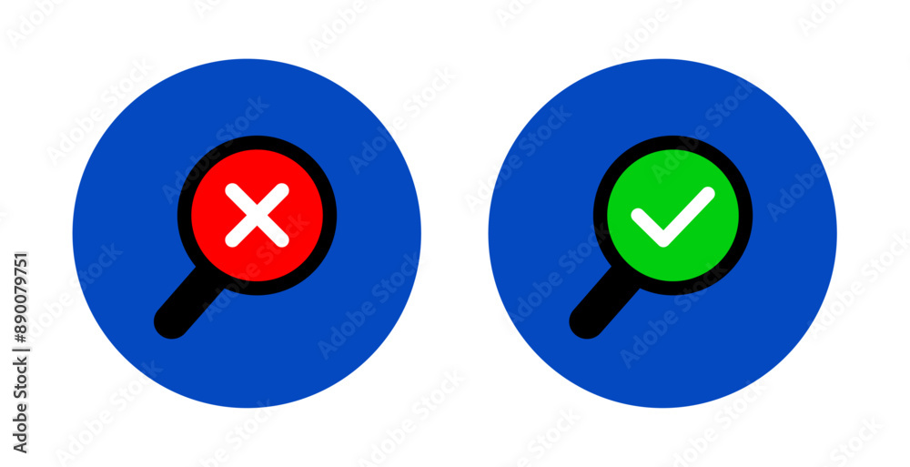 round magnifying glass icon with green check mark and red cross mark ...