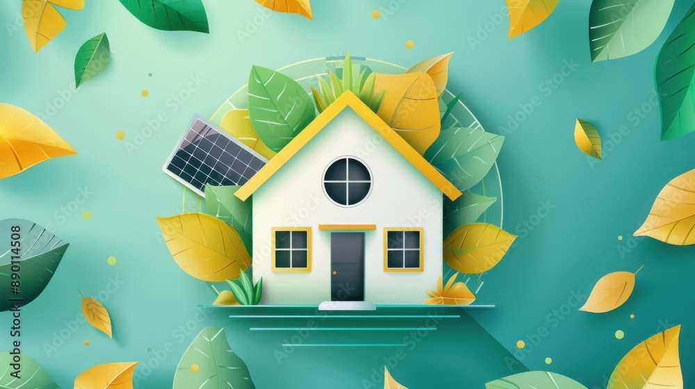Illustrate a sustainable living symbol featuring a house with a green ...