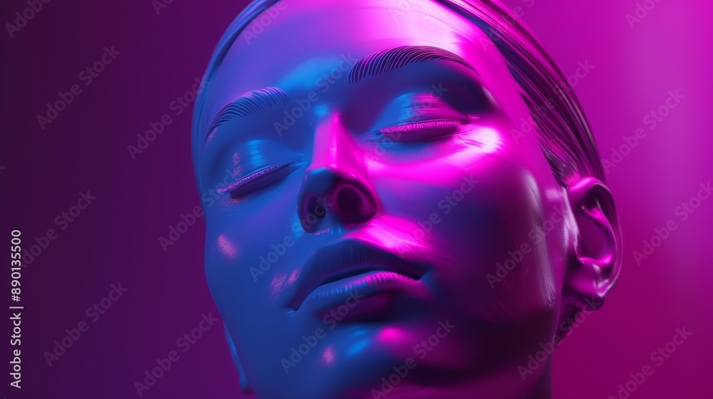 Stock robot in neon colors. Human head rendered in 3D on a gradient ...